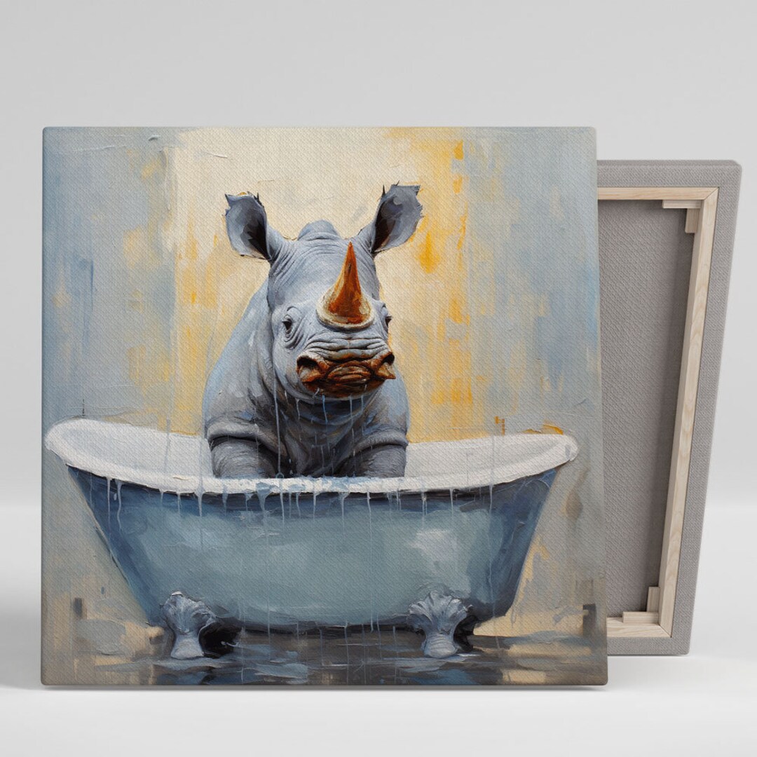 Rhino in Bath Tub Wall Decor, Canvas or Poster, Bathroom Decor, Kids ...