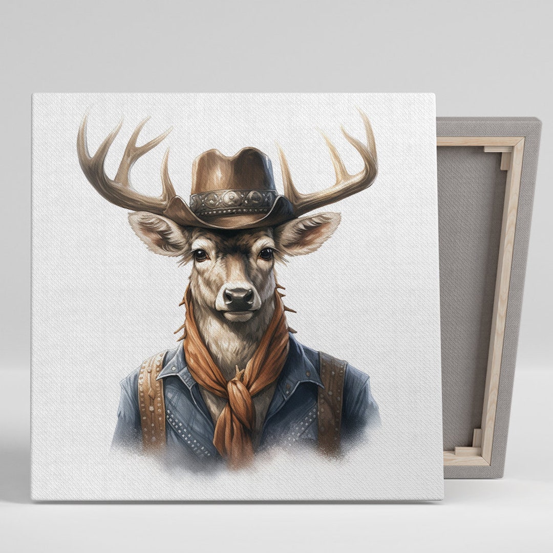 Cowboy Deer Portrait Art, Canvas or Poster, Contemporary Decor, Living ...