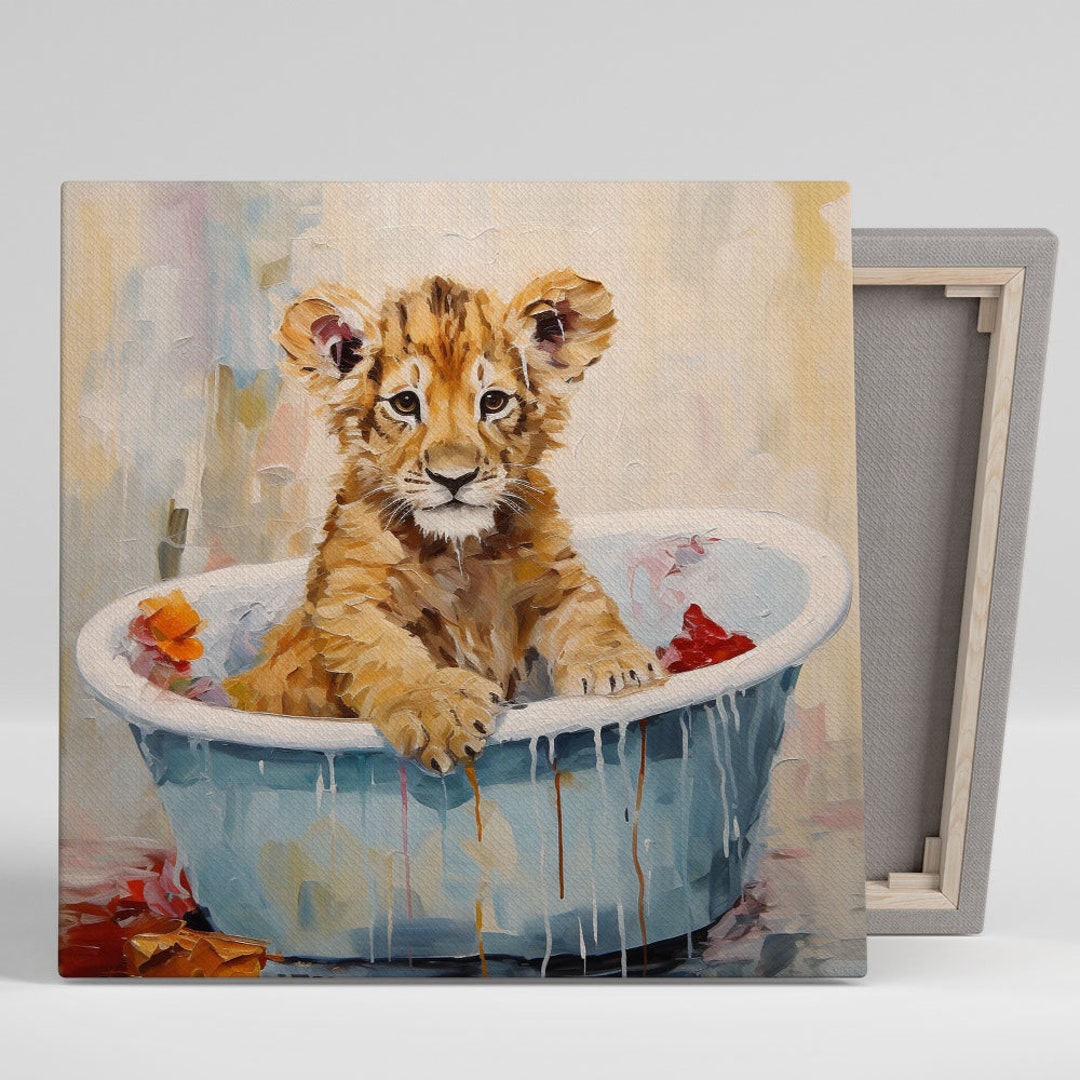 Lion in Bath Tub Art, Canvas or Poster, Bathroom Decor, Contemporary ...
