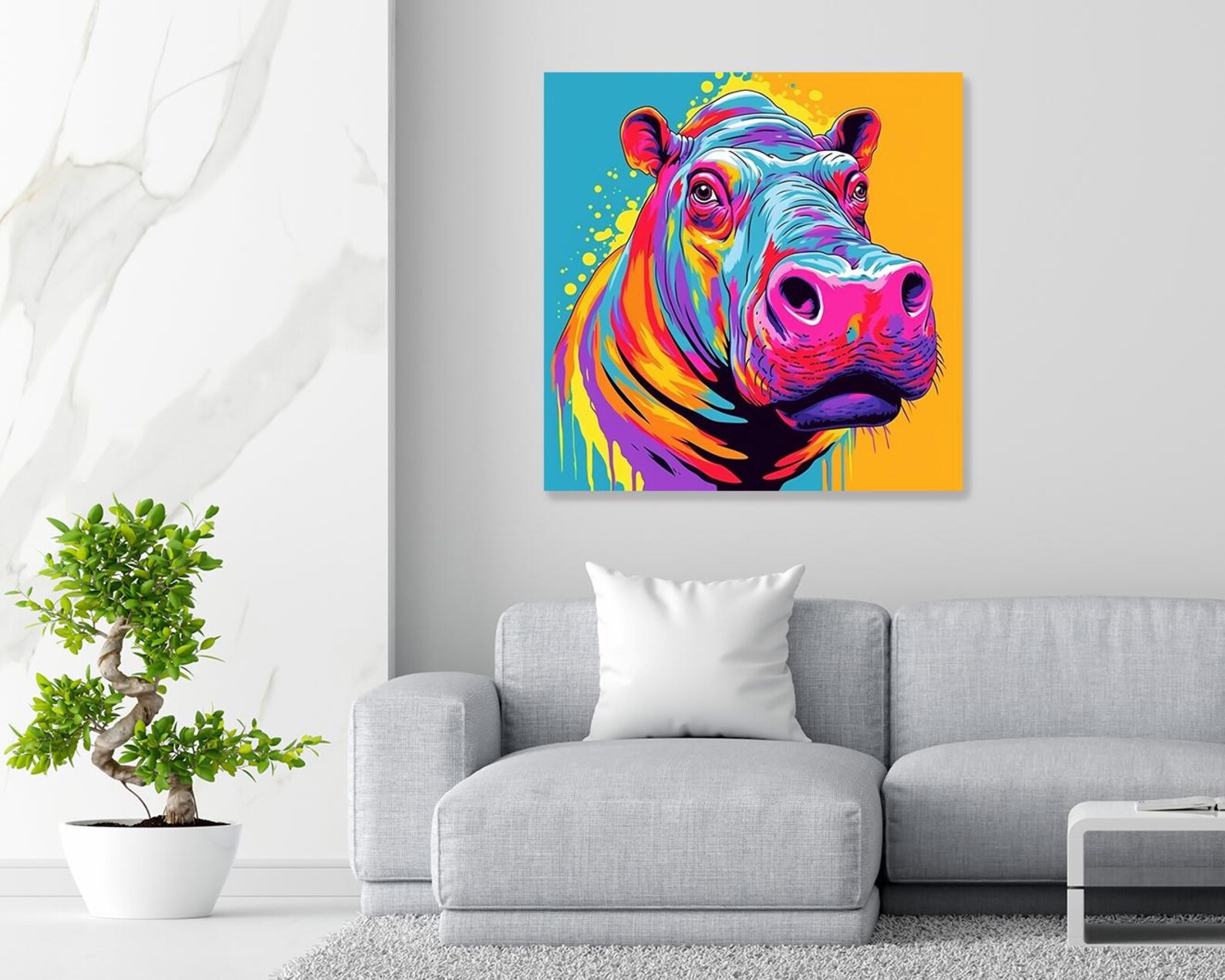 Neon Hippo Splash Art, Canvas or Poster, Pop Art Bohemian Decor, Living ...