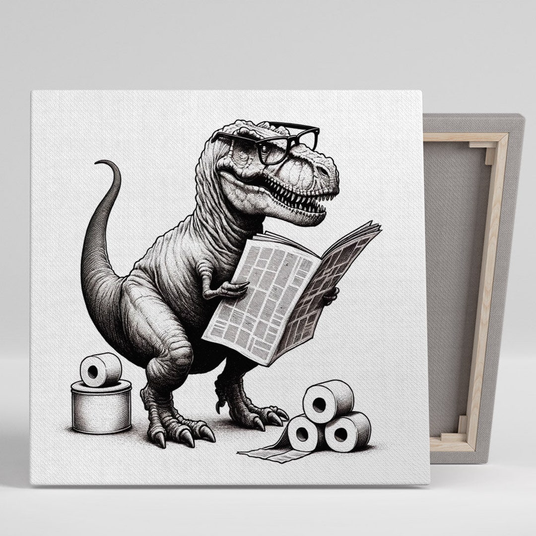 Dinosaur Reading Newspaper, Canvas or Poster, Dinosaur Bathroom Decor ...