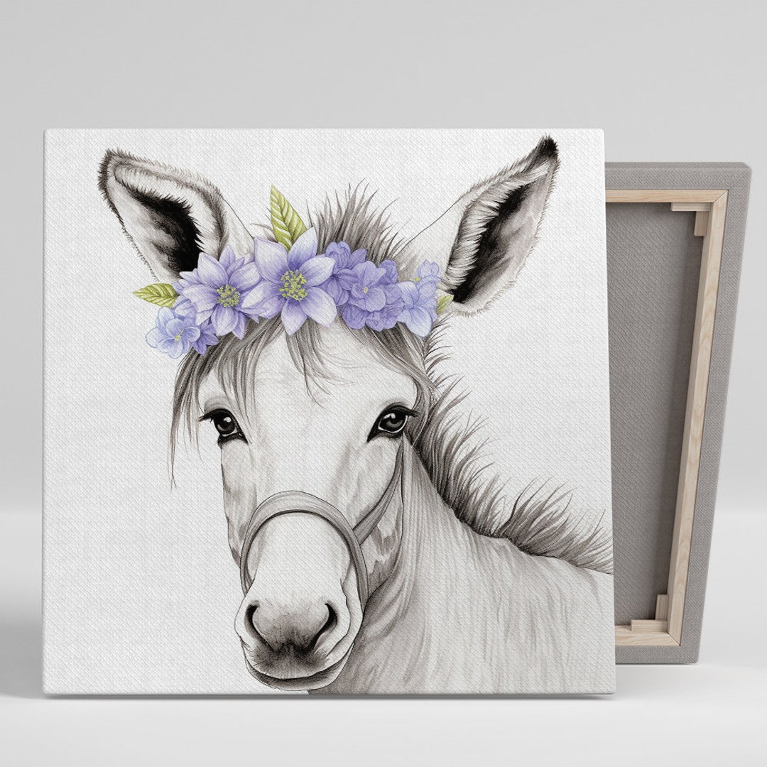 Floral Crown Donkey Art, Canvas or Poster, Animal Decor, Living Room ...