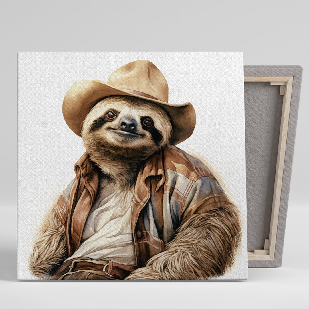 Cowboy Sloth Portrait Wall Art, Canvas or Poster, Whimsical Rustic ...