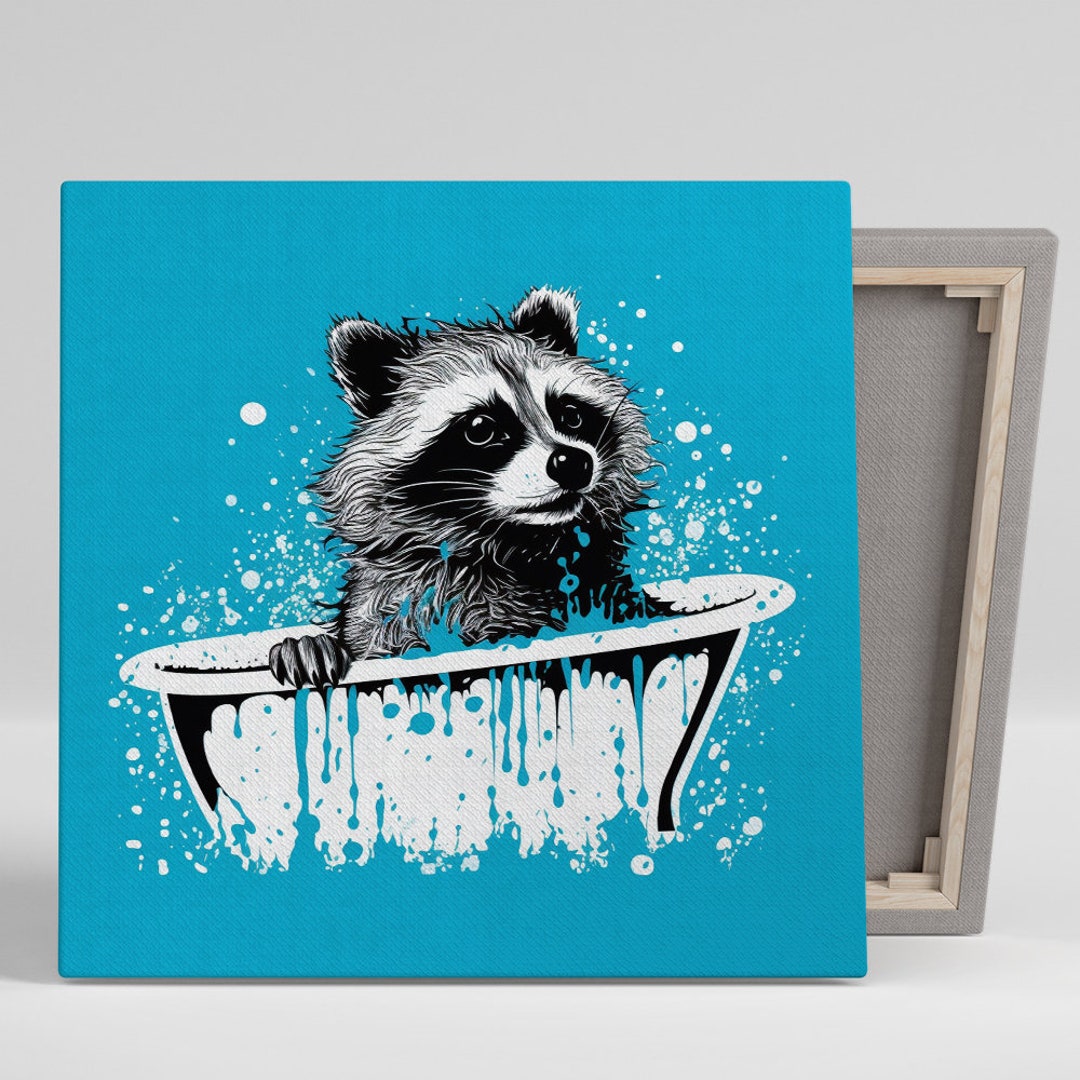 Bathing Bandit Art, Canvas or Poster, Whimsical Animal Decor, Bathroom ...