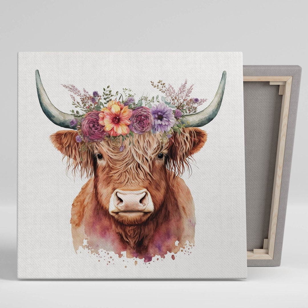 Highland Cow With Flowers Wall Art, Canvas or Poster, Scottish Highland ...