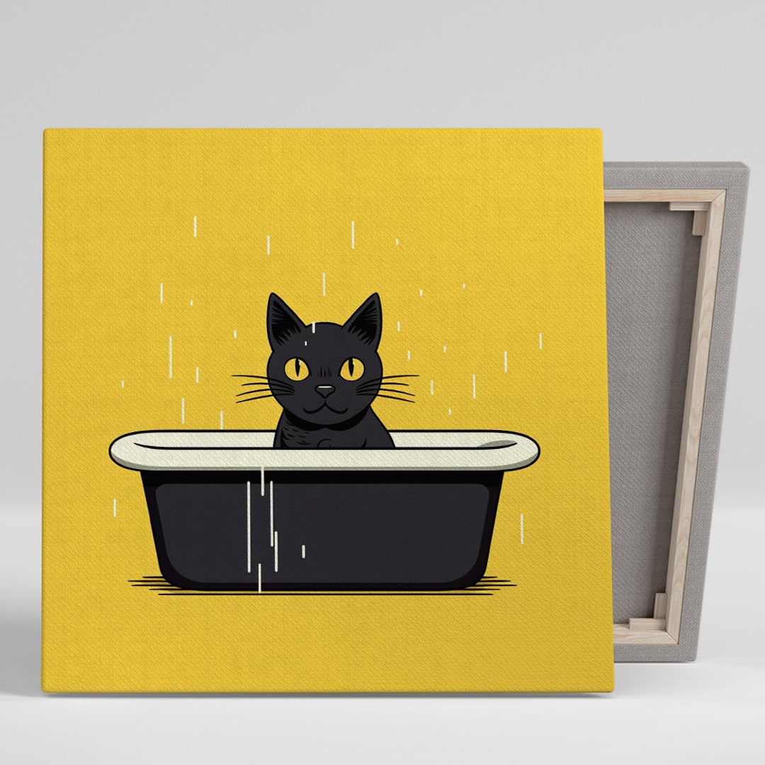 Curious Cat Bath Time Art, Canvas or Poster, Minimalism Whimsical Decor ...