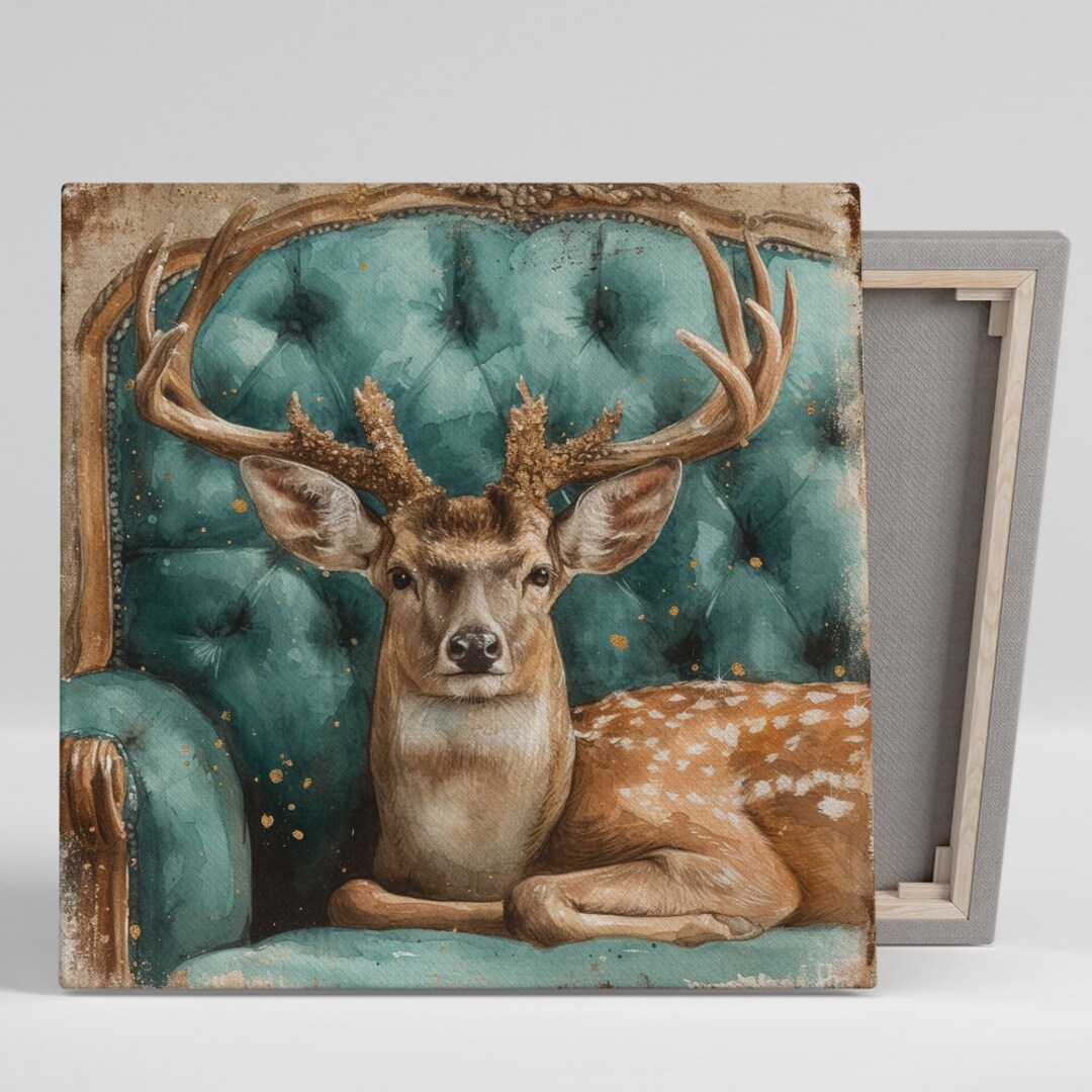 Regal Deer on Teal Throne Art, Canvas or Poster, Contemporary Rustic ...