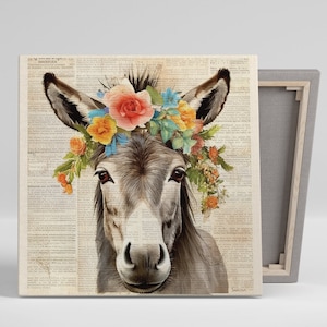 Floral Crowned Donkey Art, Canvas or Poster, Animal Farmhouse Decor ...