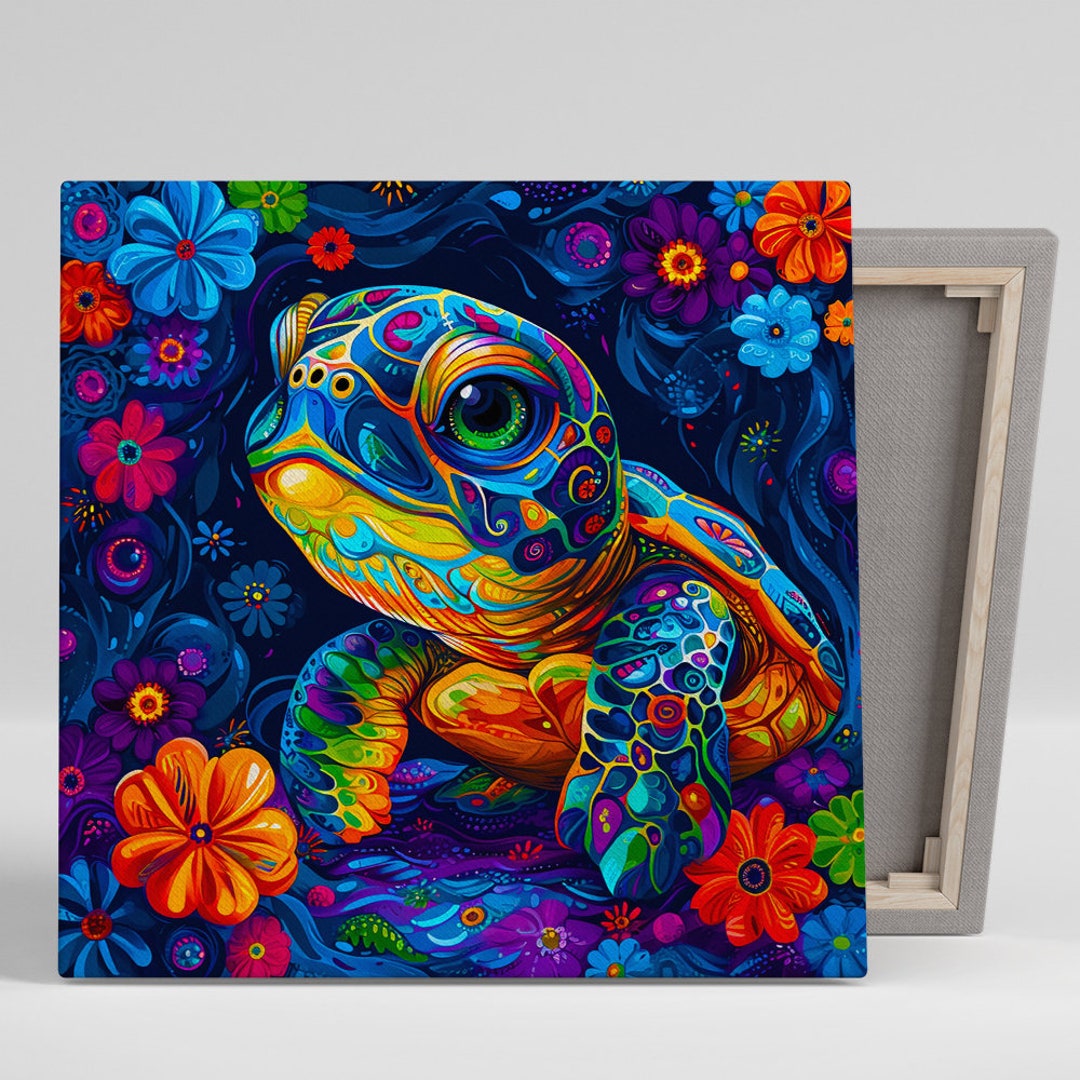 Psychedelic Sea Turtle Bliss Art, Canvas or Poster, Whimsical Bohemian ...