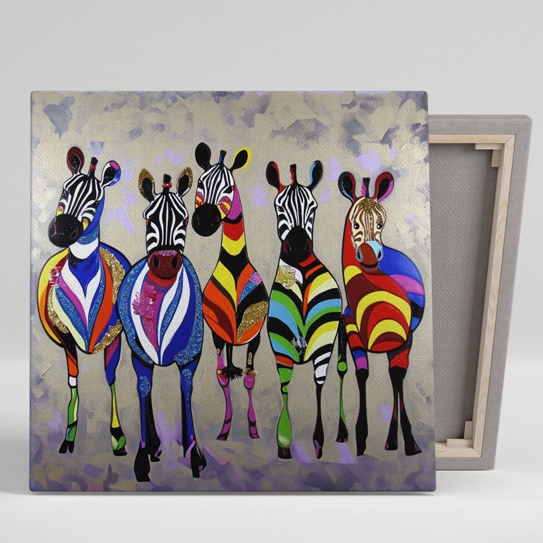 Rainbow Zebra Herd Art, Canvas or Poster, Whimsical Contemporary Decor, Living Room Bedroom ...