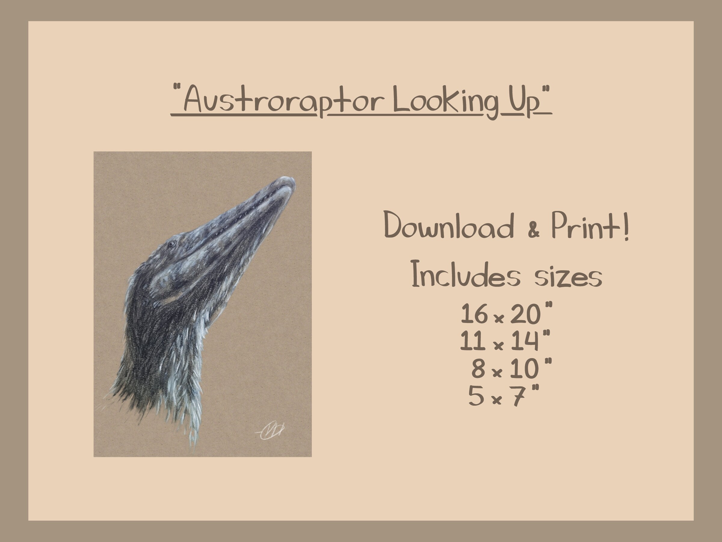 Austroraptor Looking Up, Raptor Drawing, Dinosaur Wall Art, Room Decor ...