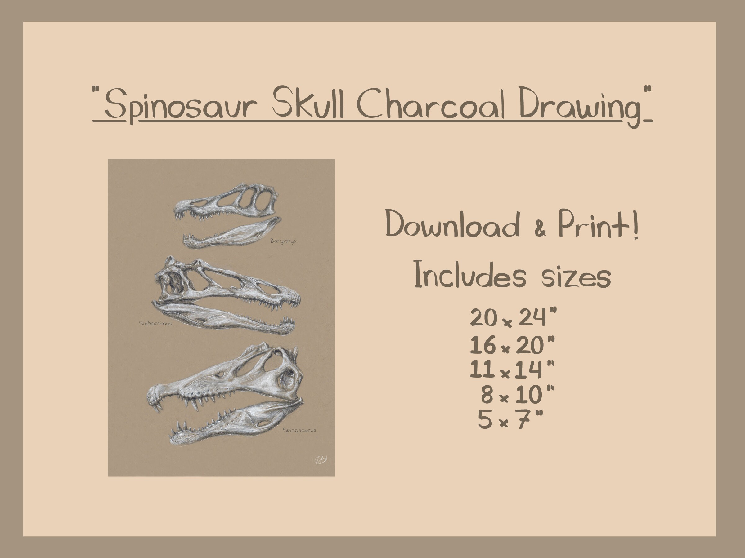Spinosaur Skulls Charcoal Drawing, Fossil Drawing, Dinosaur Wall Art ...