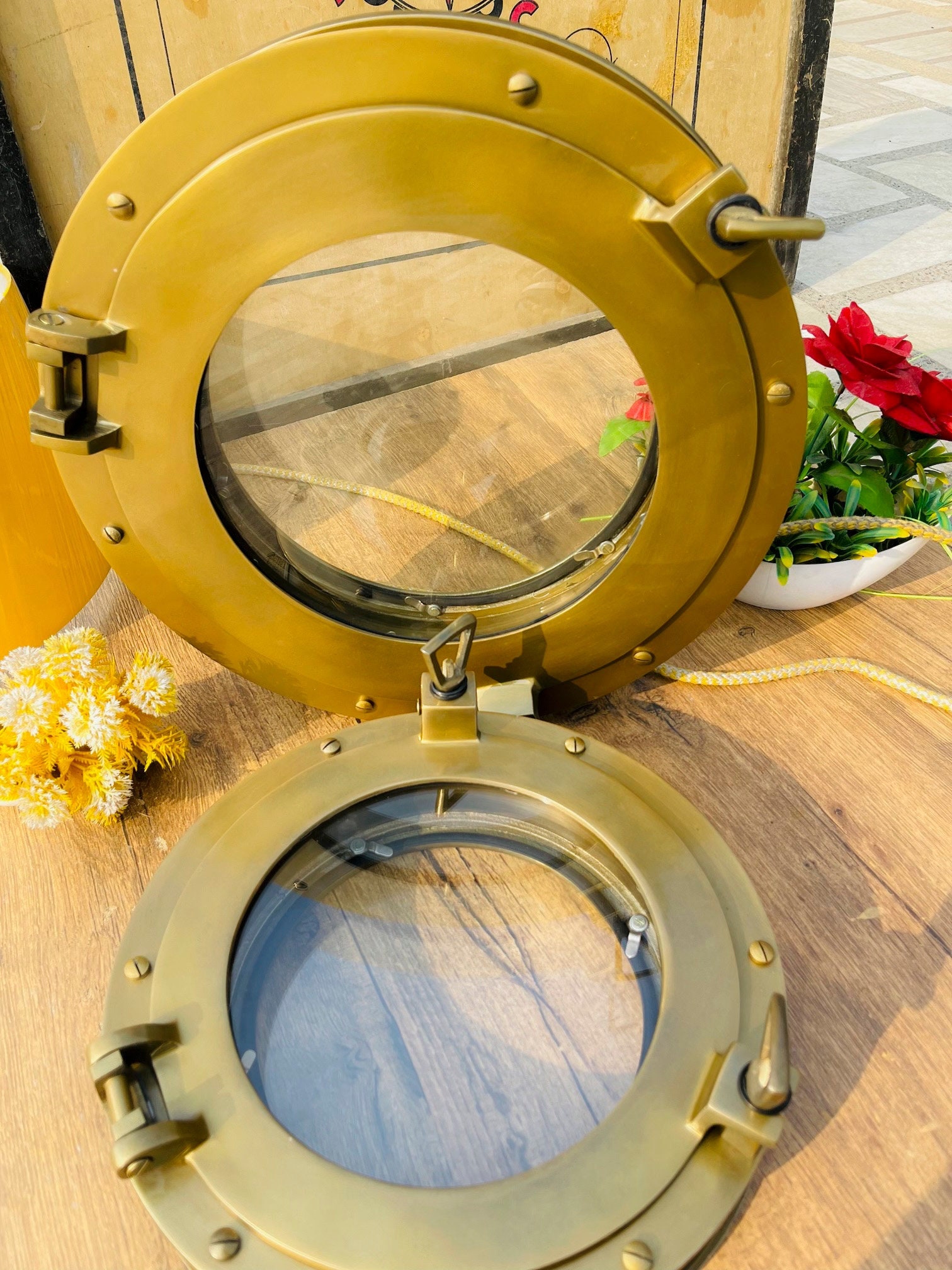 US Canal Boat Porthole Window Glass, Antique Brown Door Porthole ...