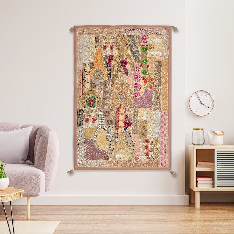 Vintage Indian Patchwork Tapestry, Wall Décor Backdrop Art, Wall ...