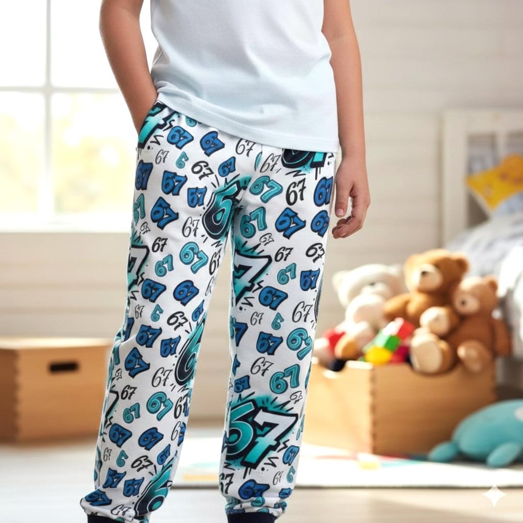 Blue 67 Meme, Six Seven, 67, Polyester Kids Pajama Pants, All Over ...