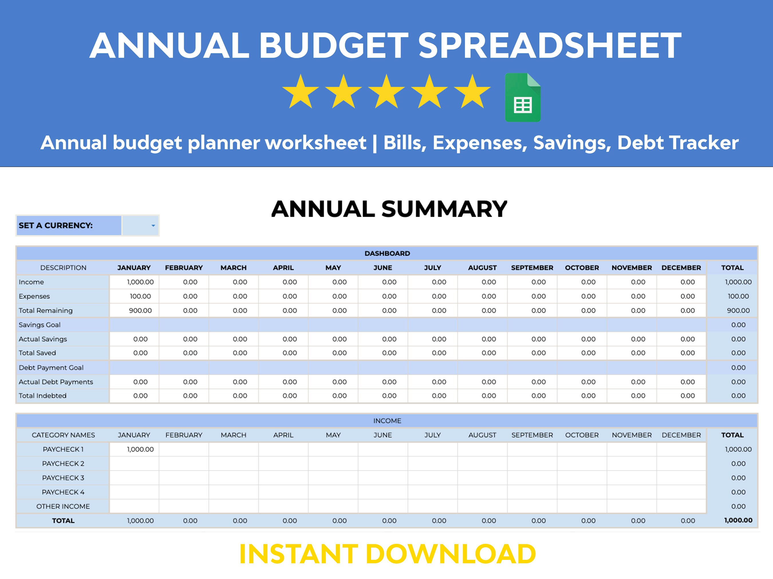 Annual Budget Spreadsheet Planner | Google Sheets Template | Monthly ...