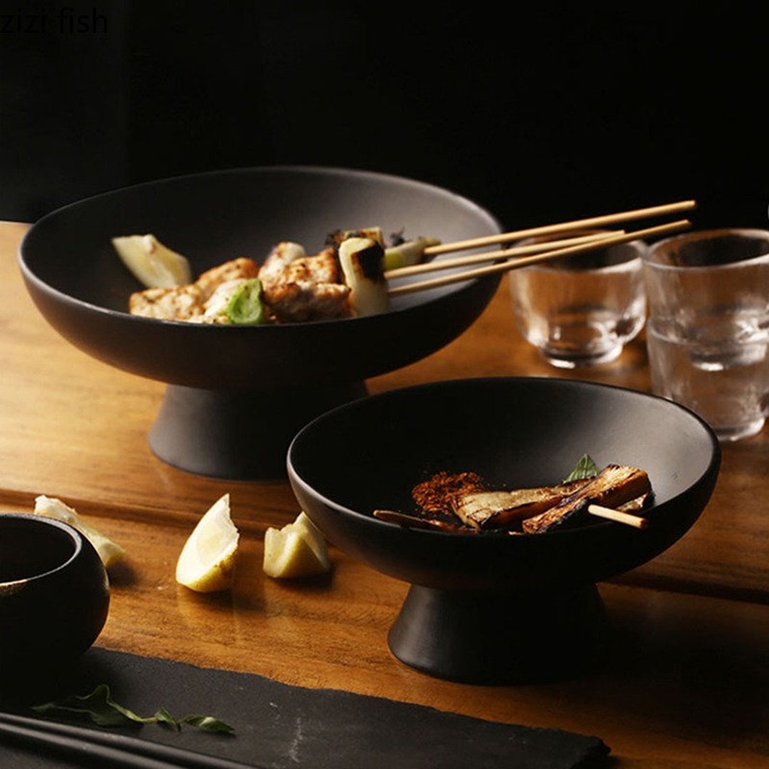 Ceramic Footed Bowl Matte Black Stone White tableware Bowl - Etsy