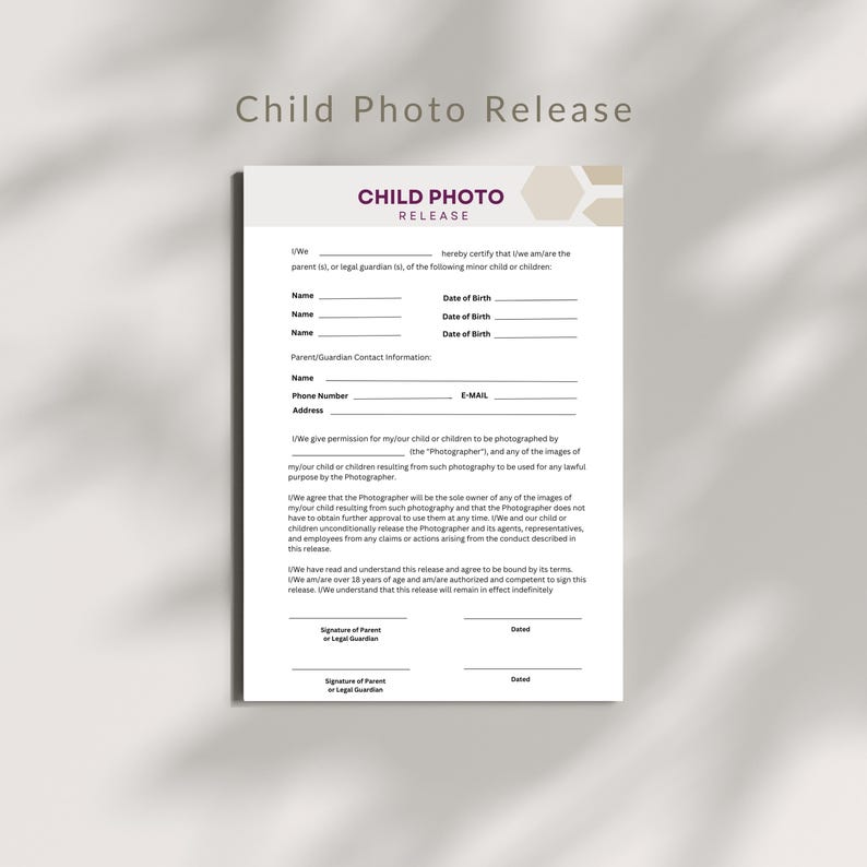 Child Photography Release Form – Fillable PDF, Two-parent Consent - Etsy