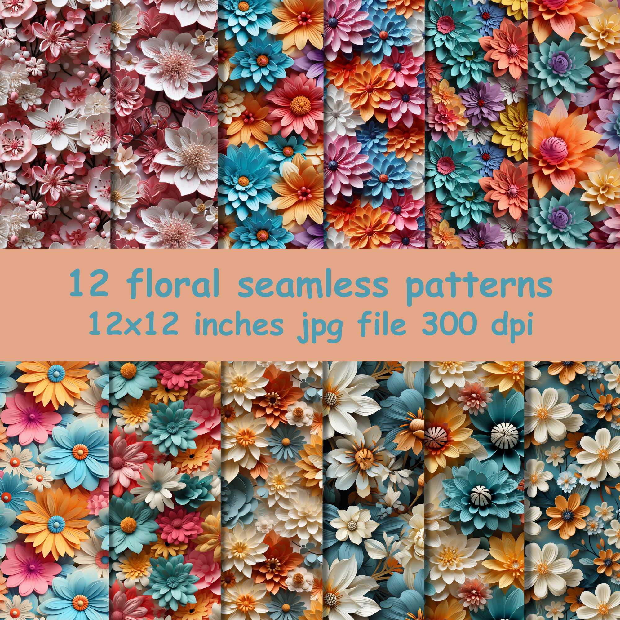3D Floral Digital Paper, 3D Floral Pattern, 3D Flower Digital Paper, 3D ...