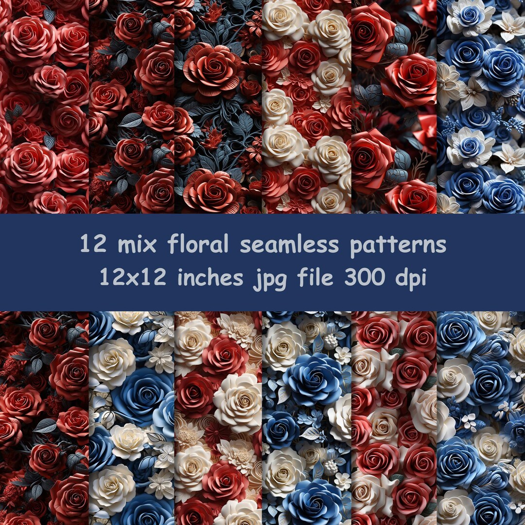Roses, Red Roses, Blue Roses, Roses Seamless Pattern, Roses Pattern, 3D ...