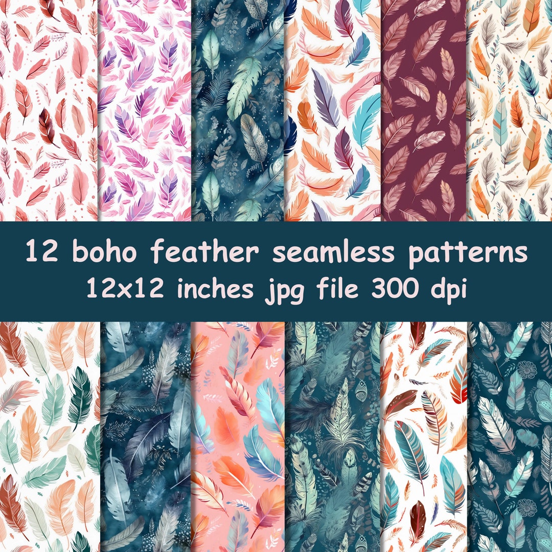 Boho Feather Seamless Pattern, 12 JPEG Digital Papers (commercial Use ...