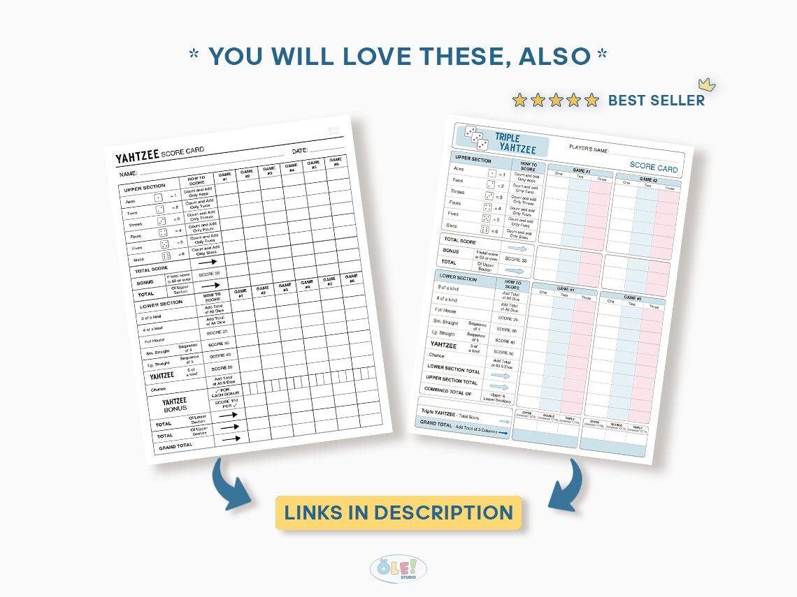 Yahtzee Scorecard | Yahtzee/yardzee Scoresheet Printable PDF | Dice ...