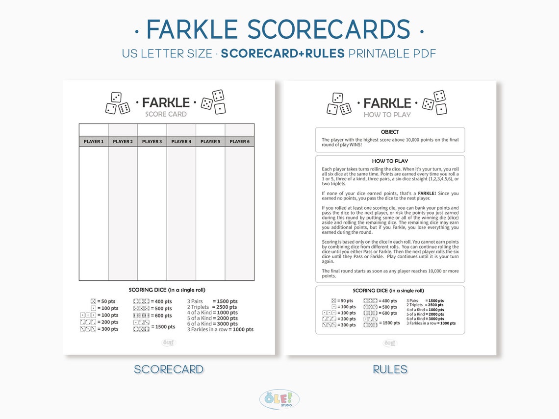 Farkle and Rules Scorecards | Farkle Scoresheet Printable PDF | Dice ...