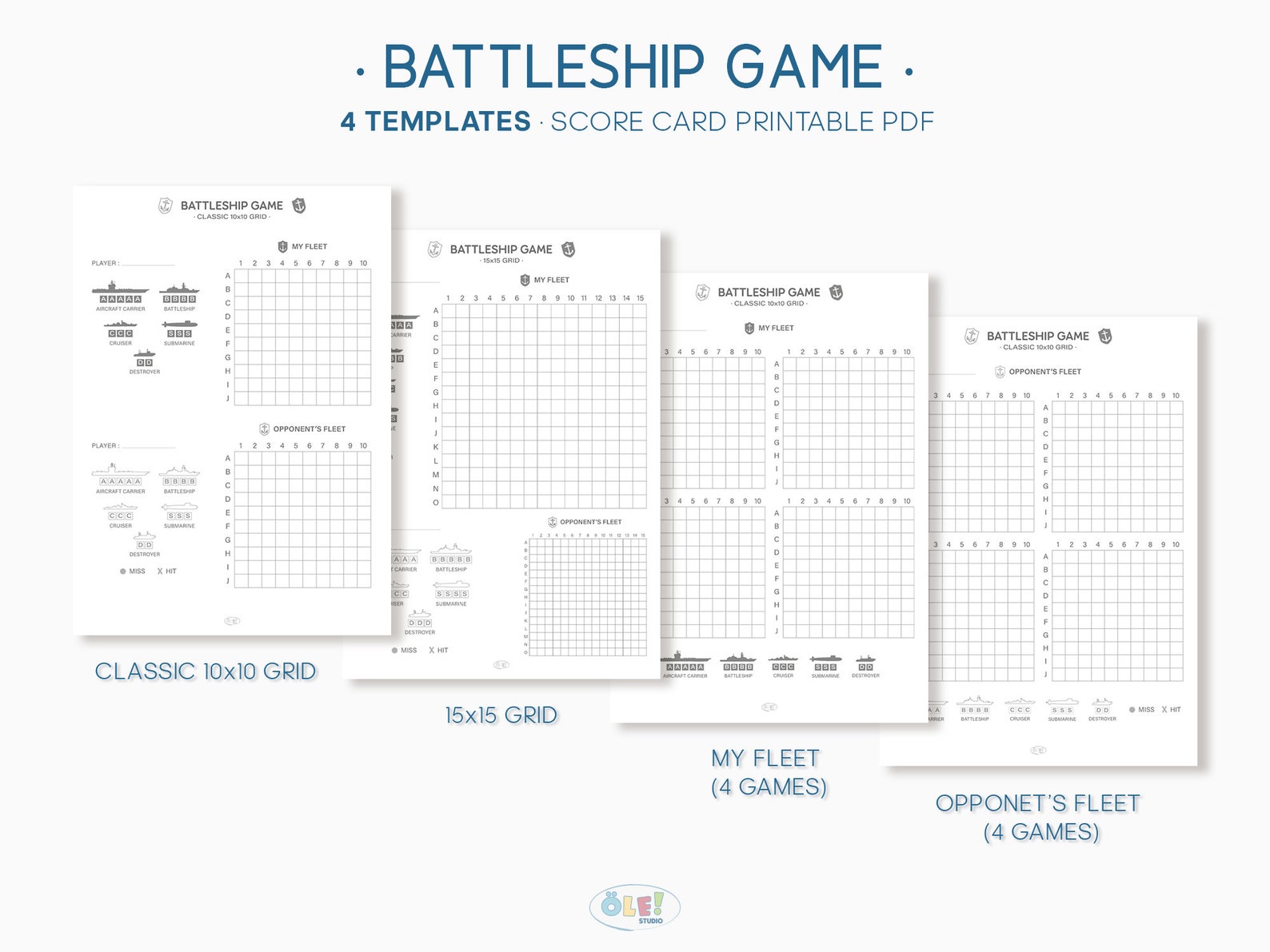 Classic Battleship Game Printable PDF | Hand and Pen Game · 4 Templates ...