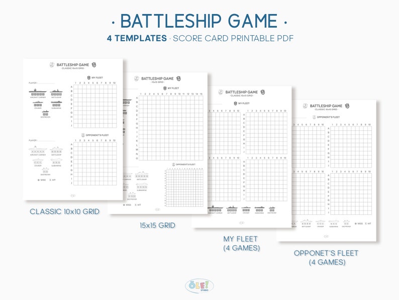 Classic Battleship Game Printable PDF | Hand and Pen Game · 4 Templates ...