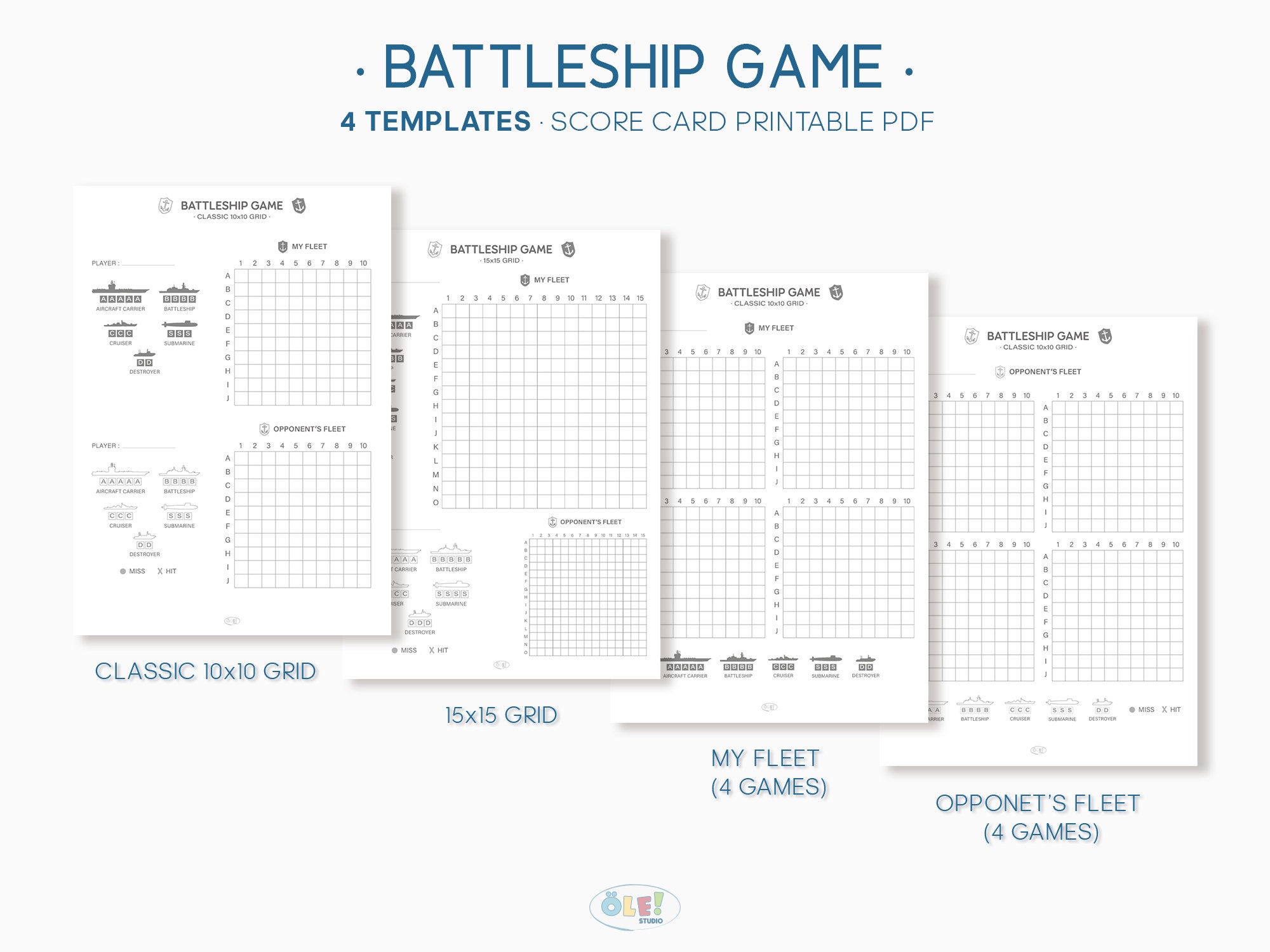 Classic Battleship Game Printable PDF | Hand and Pen Game · 4 Templates ...