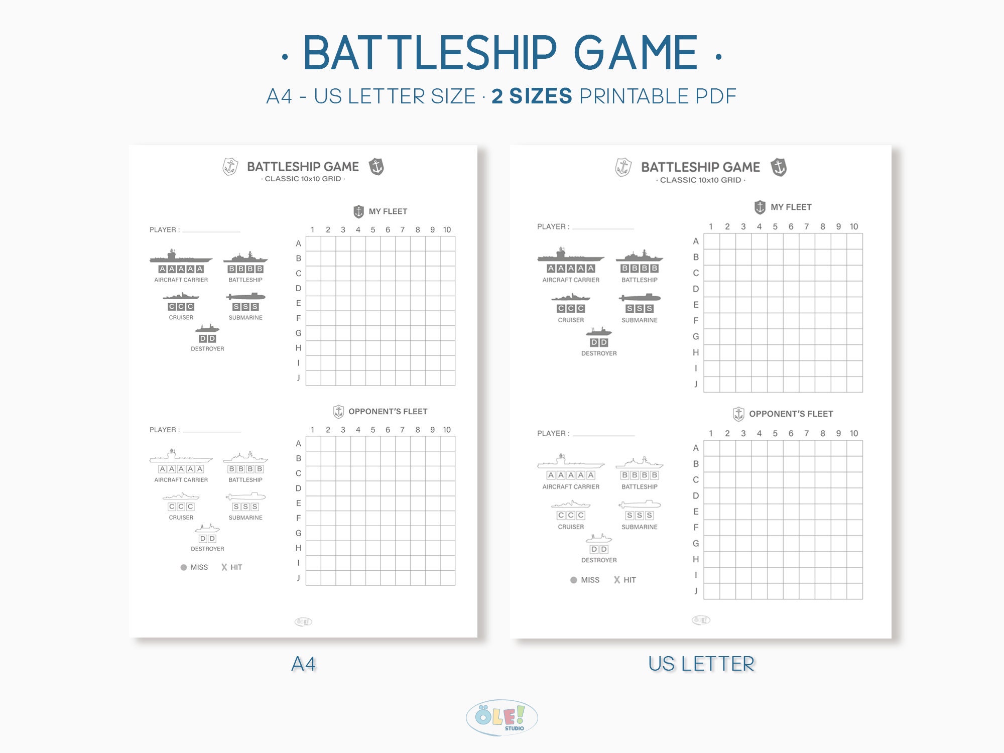 Classic Battleship Game Printable PDF | Hand and Pen Game · 4 Templates ...