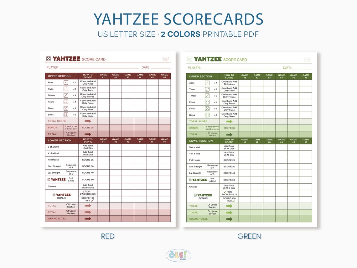 Yahtzee Scorecard | Yahtzee/yardzee Scoresheet Printable PDF | Dice ...