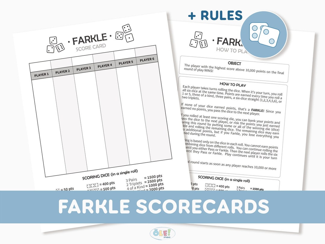 Farkle and Rules Scorecards Farkle Scoresheet Printable PDF - Etsy