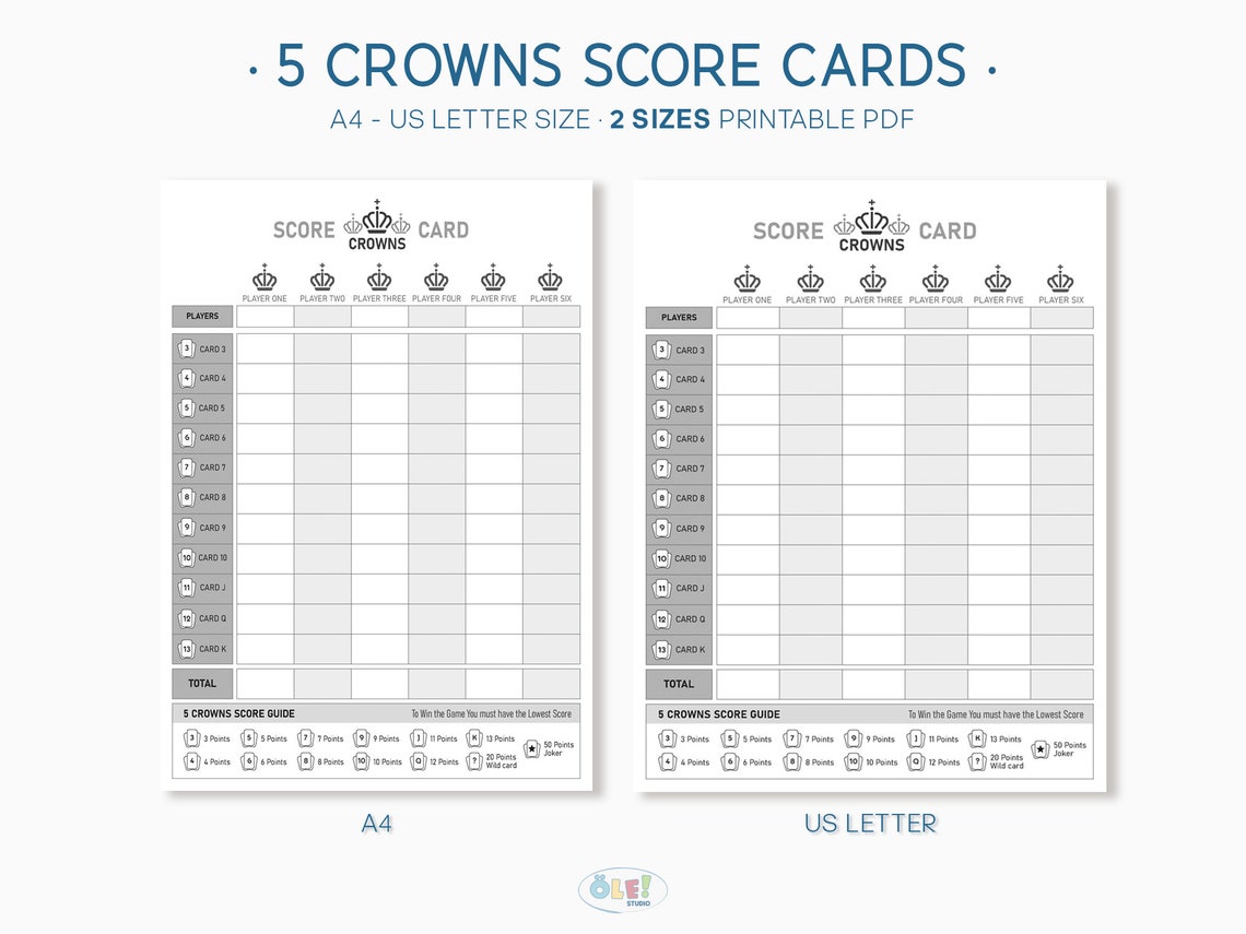 5 Crowns Scorecard | Crowns Scoresheet Printable PDF | Card Game | A4 ...