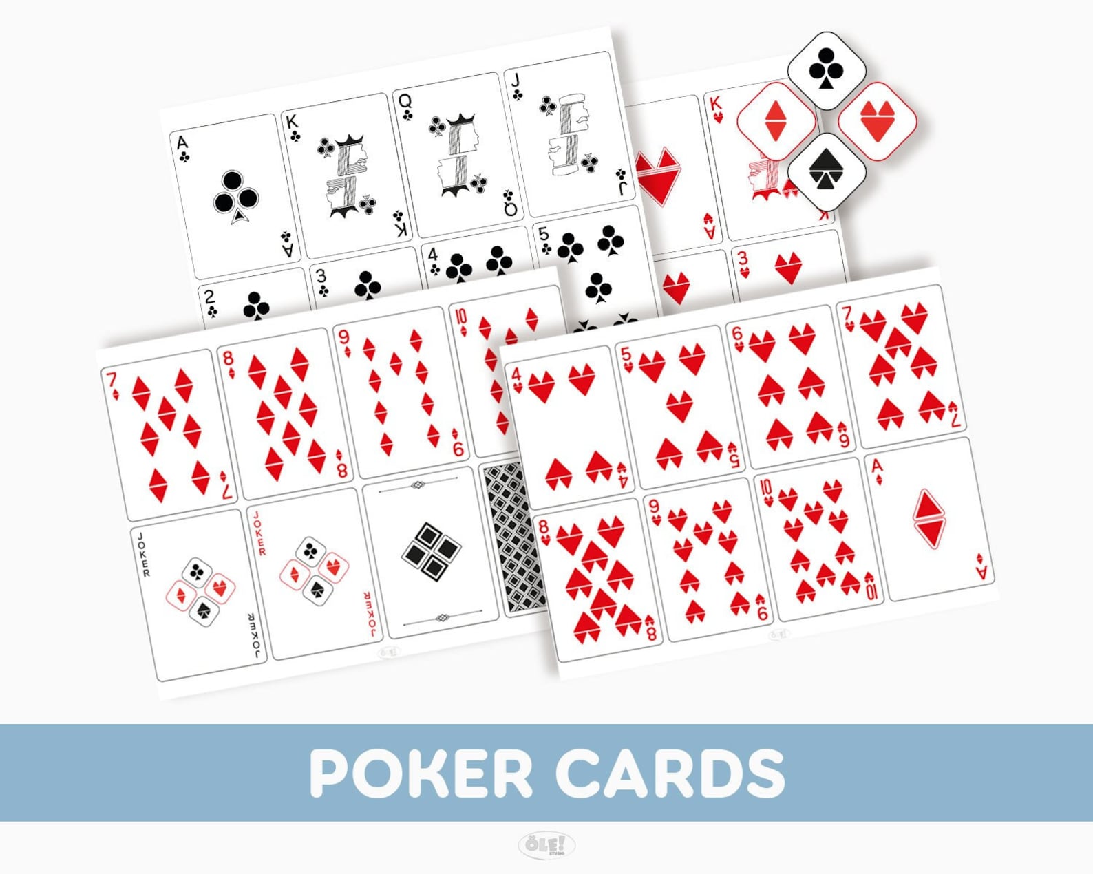 56 Poker Playing Cards | Printable PDF PNG| Card Game | A4 & US Letter ...