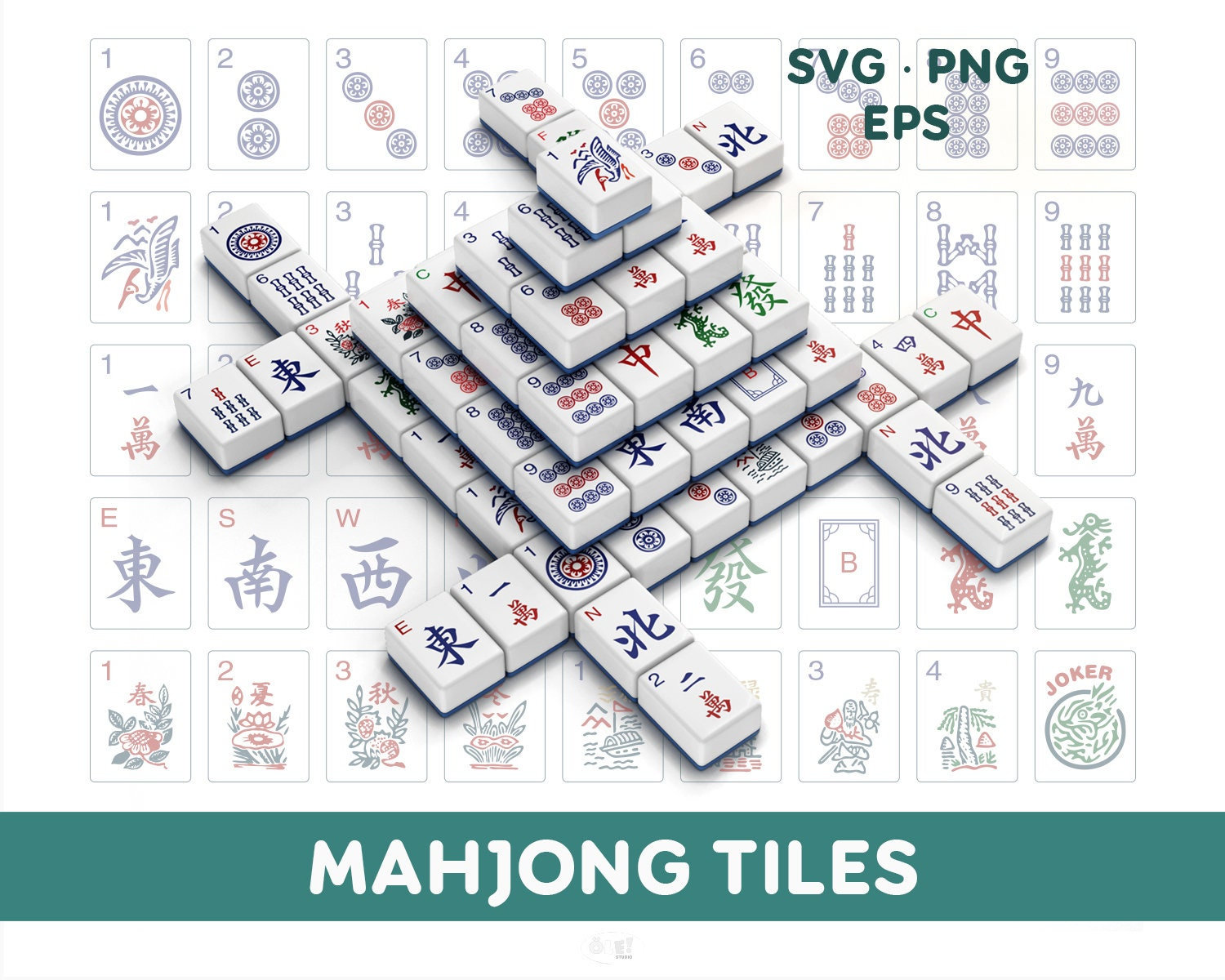 Mahjong American Tile Set | SVG EPS PNG | Complete Printable Clipart ...