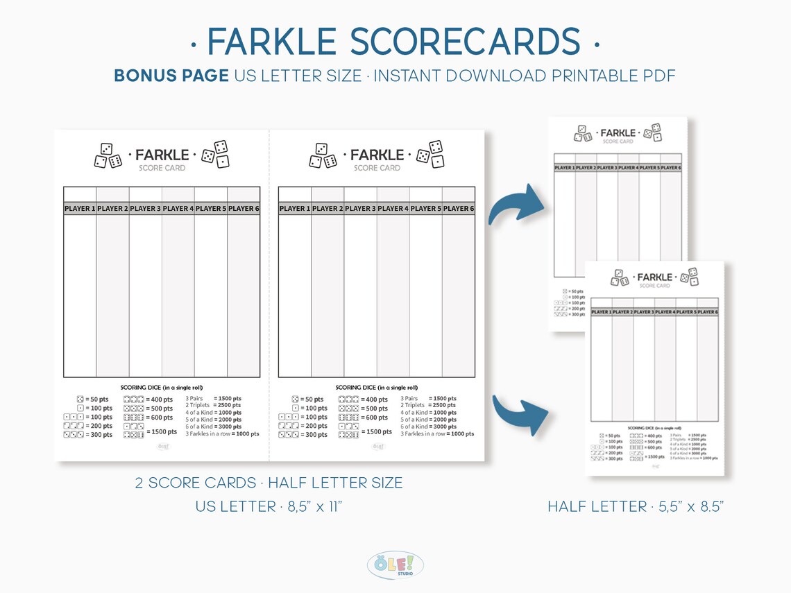 Farkle and Rules Scorecards | Farkle Scoresheet Printable PDF | Dice ...
