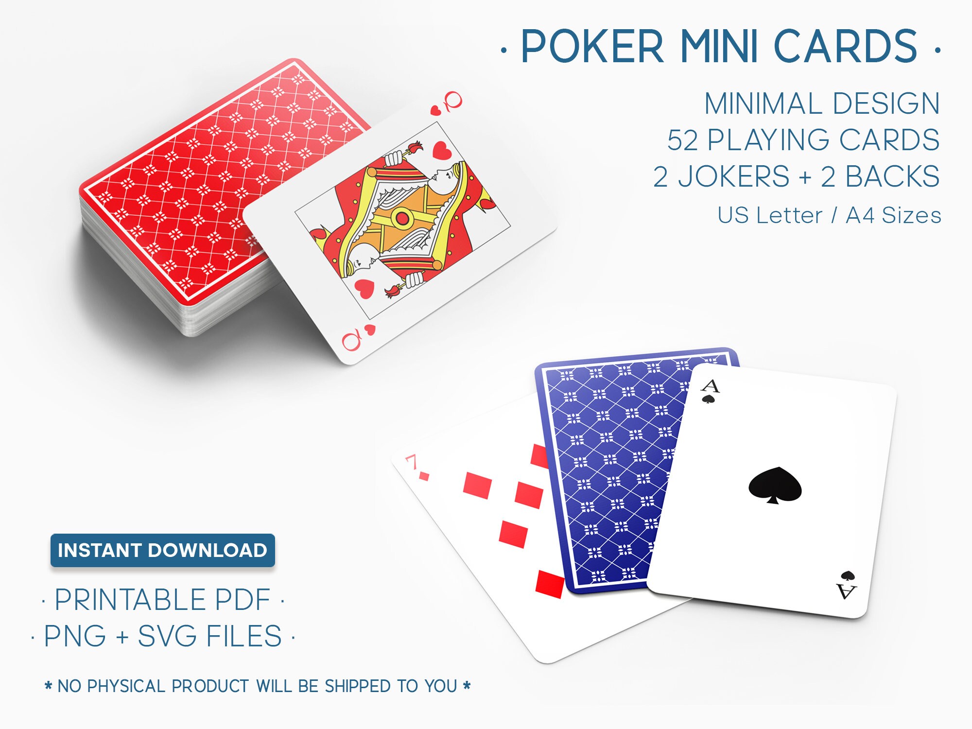 Classic 56 Poker Playing Mini Cards Printable PDF Png Svg Files Card ...