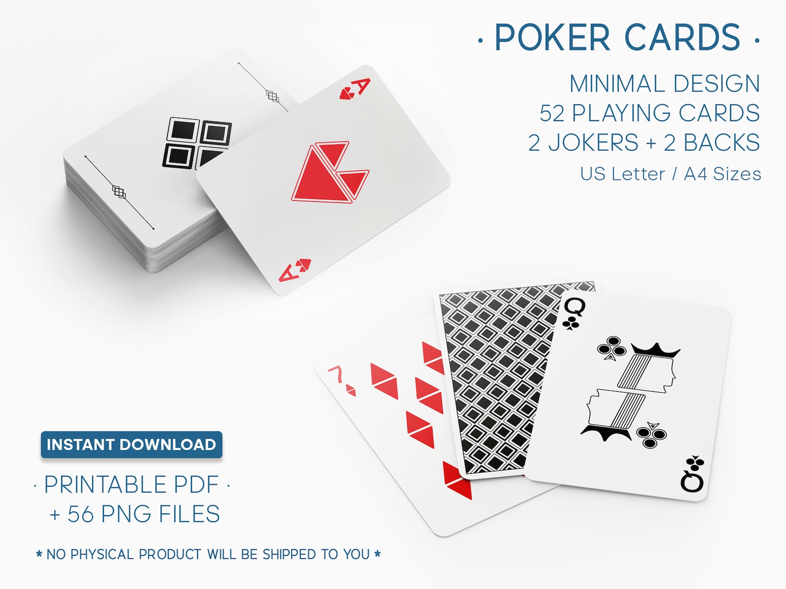 56 Poker Playing Cards | Printable PDF PNG| Card Game | A4 & US Letter ...