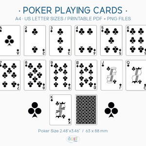 56 Poker Playing Cards | Printable PDF PNG| Card Game | A4 & US Letter ...
