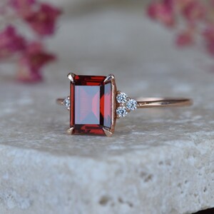 14K Solid Rose Gold Garnet Ring I Engagement Emerald Cut Garnet Ring I ...