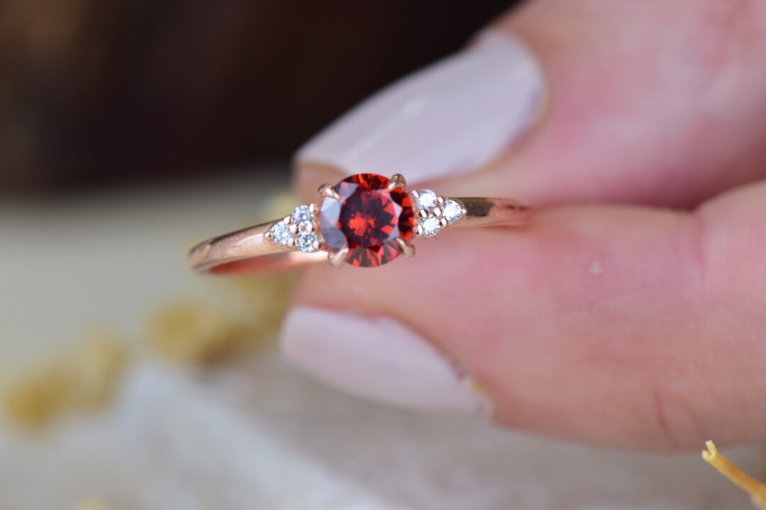 Round Cut Garnet Engagement Ring, Solid Rose Gold Garnet Ring, Dainty ...