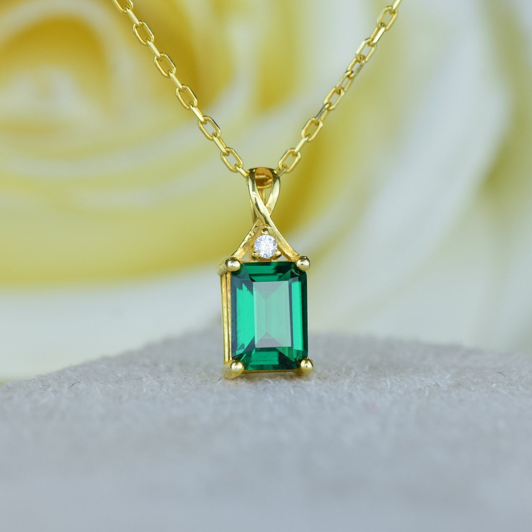 14K Gold Emerald Cut Necklace, Emerald Solid Necklace, Emerald Pendant ...