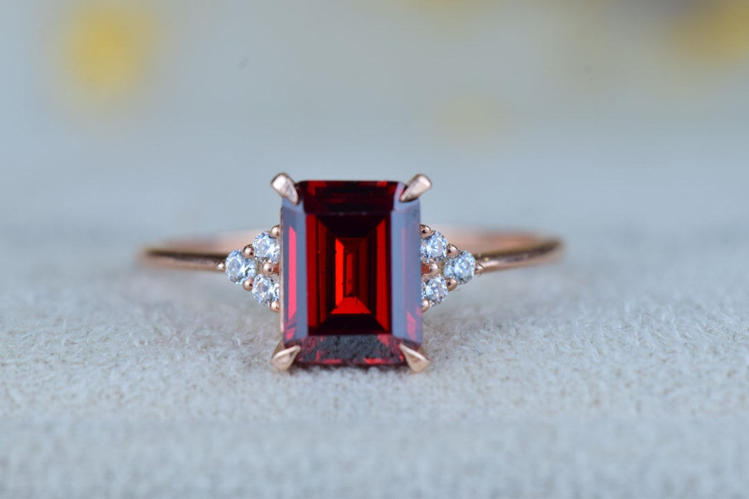 14K Solid Rose Gold Garnet Ring I Engagement Emerald Cut Garnet Ring I ...