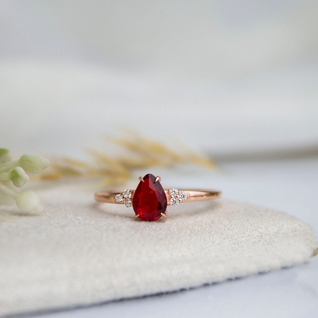 Rose Gold Ruby Engagement Ring, Delicate Teardrop Cut Diamond Bridal ...