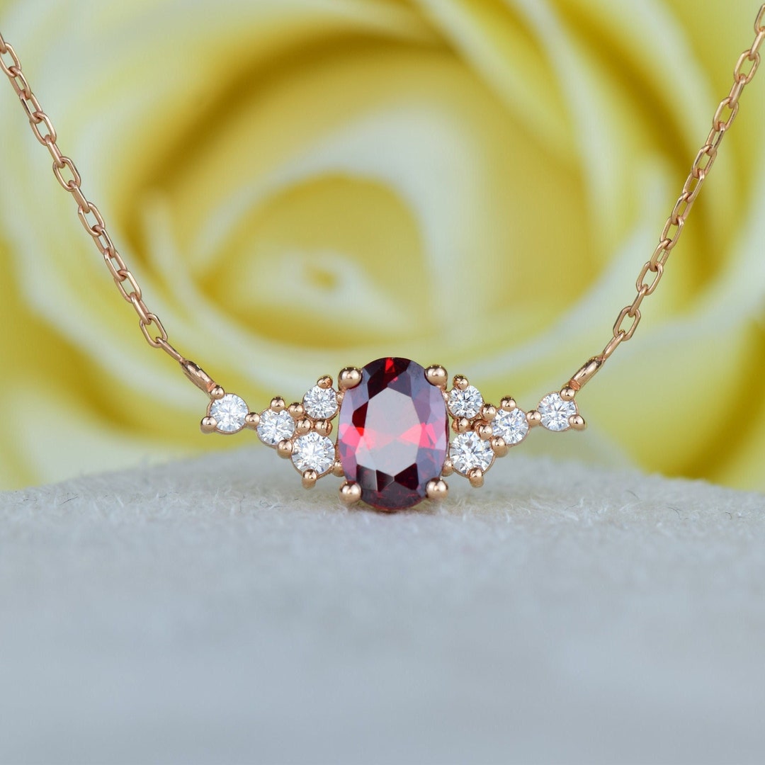 Oval Cut Rose Gold Garnet Necklace, Multi Stone Gold Chain Red Necklace ...