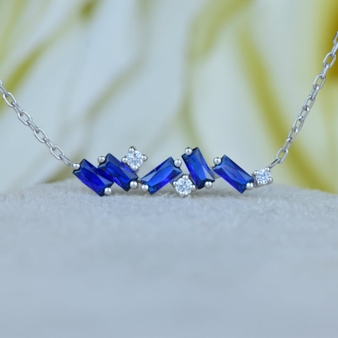 Sapphire Baguette Cut Necklace, Sapphire Solid Gold Chain, Sapphire ...