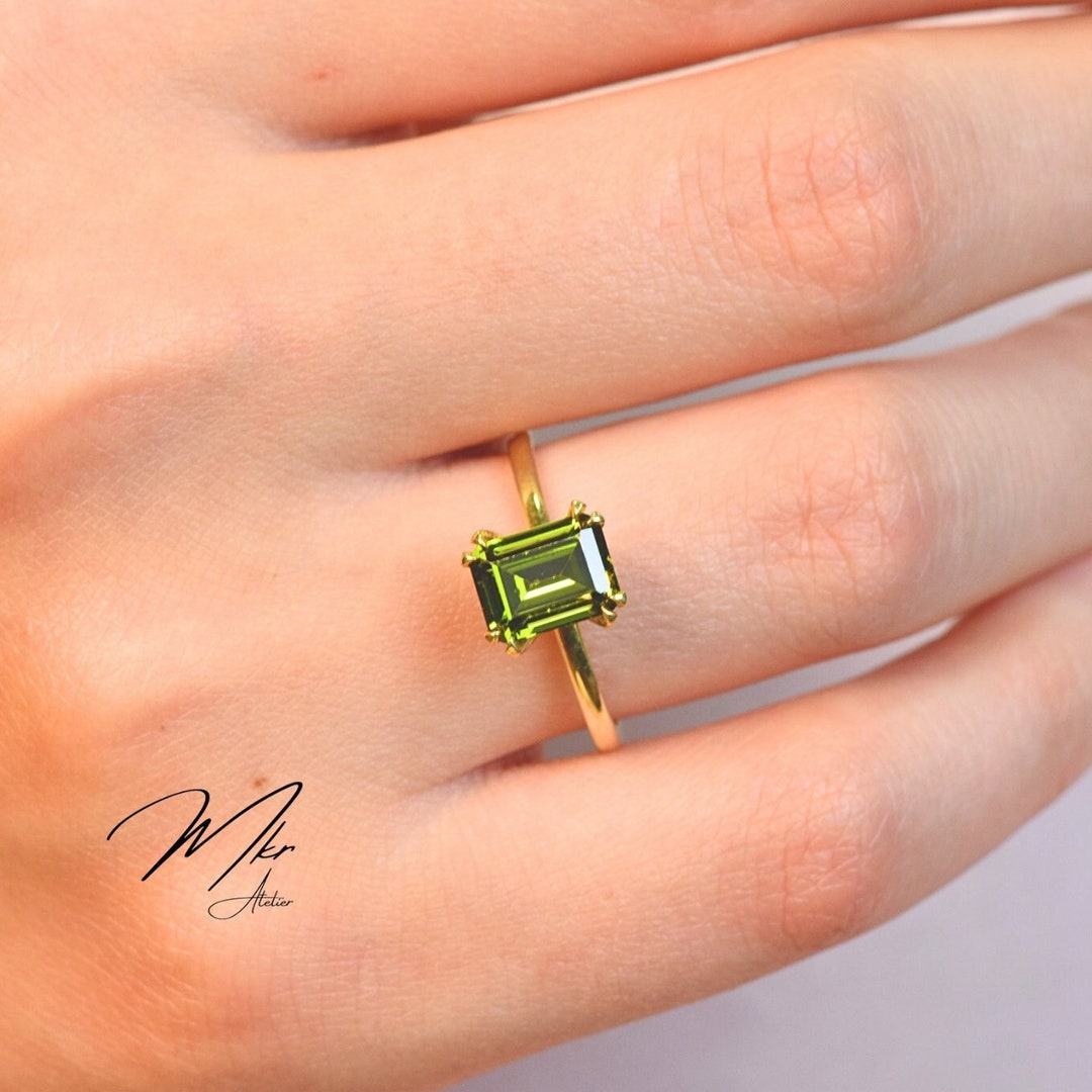 Peridot Ring I Solid Gold Rectangle Peridot Ring I Solitaire Green Ring ...