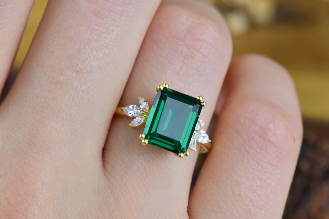 Solid Gold Emerald Ring I Emerald Cut Engagement Ring I Green Promise ...