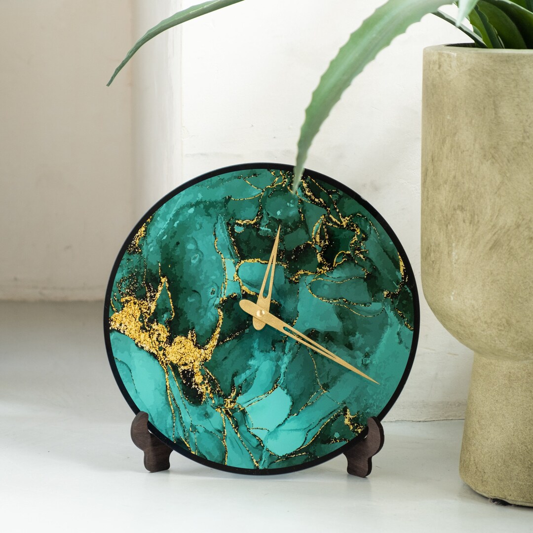 Green Marble Clock, Gold and Green Clock, Turquoise Wall Clock, Green ...